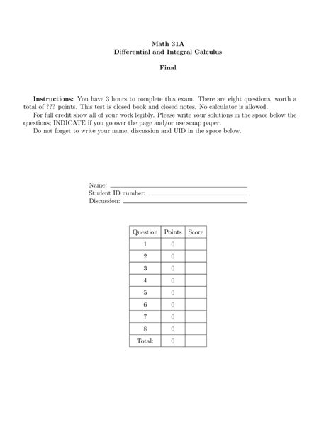 Math 31a Differential And Integral Calculus Final Instructions