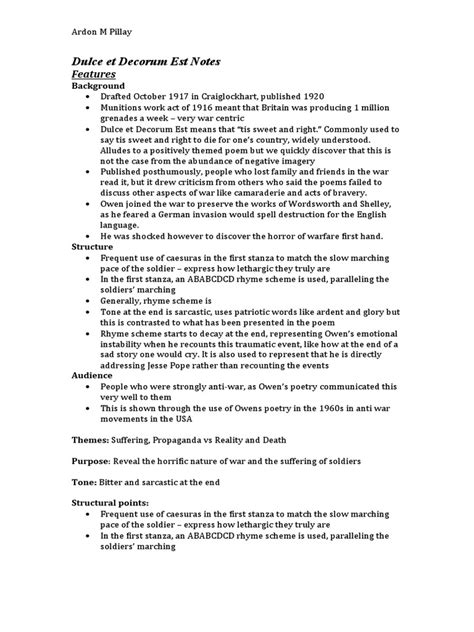 Dulce Et Decorum Est Notes Features Pdf Poetry