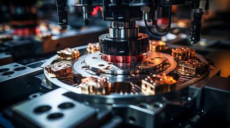 The Cnc Milling Machine Cutting The Metal Part With The Sparking Stock Illustration