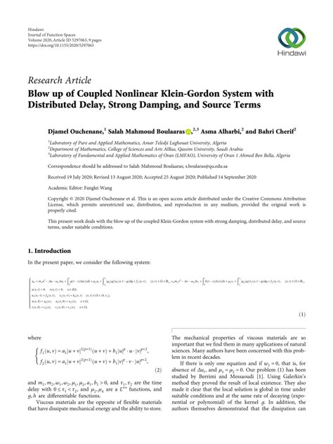 Pdf Blow Up Of Coupled Nonlinear Klein Gordon System With Distributed Delay Strong Damping