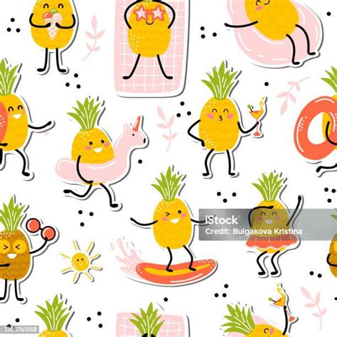 파인애플 카와이이 패턴 스티커 귀여운 과일은 휴가를 즐길 수 있습니다 바다에서 휴가 만화 스타일의 벡터 일러스트레이션 가공의