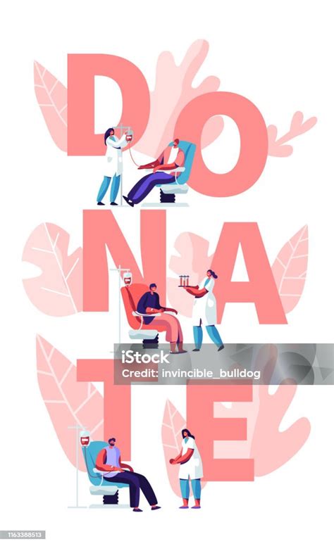 자원봉사자들이 생명의 피를 기증하는 의료 병원 의자에 앉아 있다 의사와 간호사는 테스트 플라스크에서 혈액을 가지고 기부 개념을 기부 포스터 배너 전단지 브로셔 만화 플랫