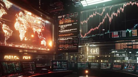 A High Tech Financial Trading Room With Glowing Data Screens Stock