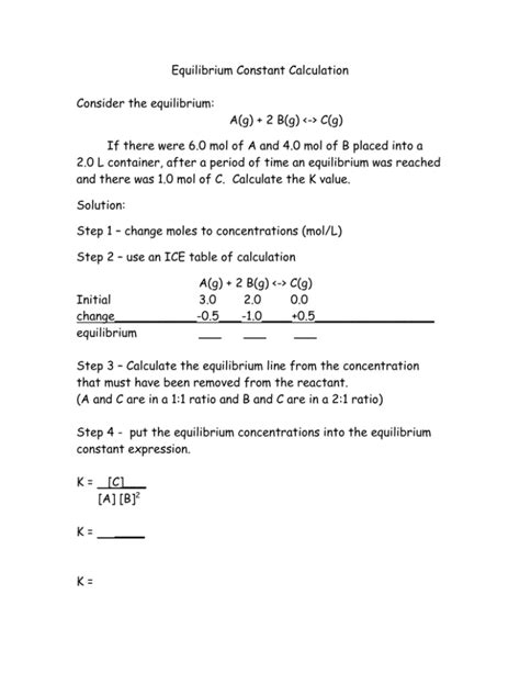 Equilibrium Constant Calculation Worksheet