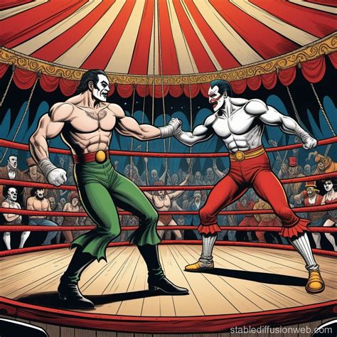 Different Dangerous Circus Artists Fighting In An Circus Arena Prompts