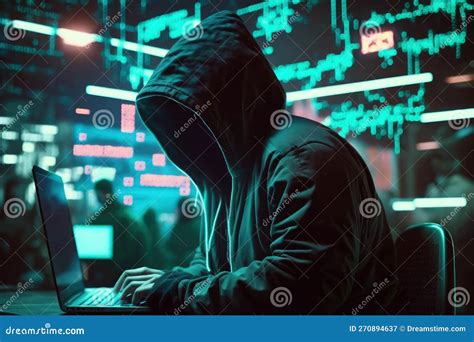 hacker in a hood with a hidden face looks at the screen of a laptop