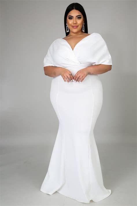 Xpluswear Plus Size Formal Elegant White Sequin High Split Ruched One