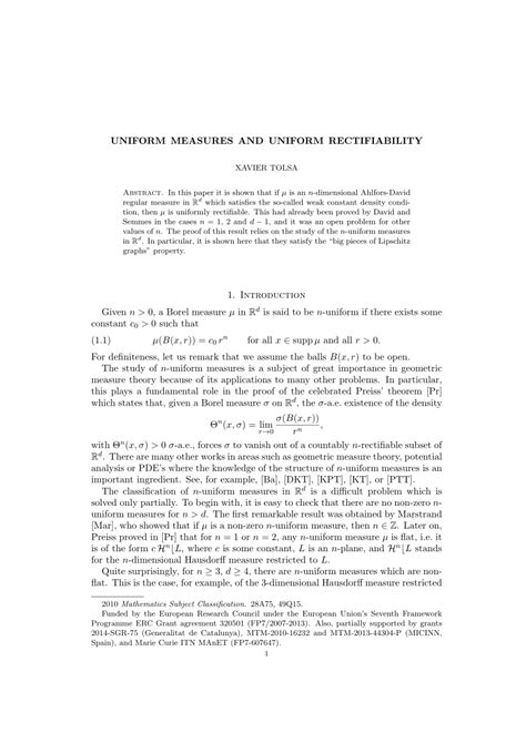 Pdf Uniform Measures And Uniform Rectifiability