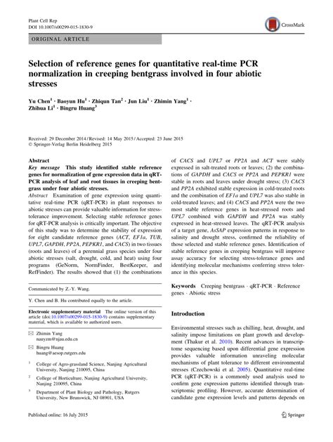 Pdf Selection Of Reference Genes For Quantitative Real Time Pcr Normalization In Creeping