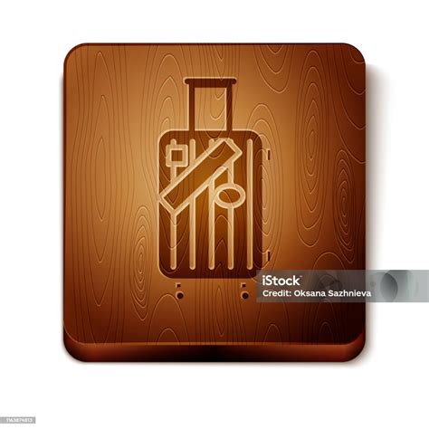 흰색 배경에 고립 된 여행 및 스티커 아이콘을위한 갈색 가방 여행 수하물 표지판 여행 수하물 아이콘입니다 나무 사각형 버튼입니다 벡터 일러스트레이션 가방에 대한 스톡 벡터