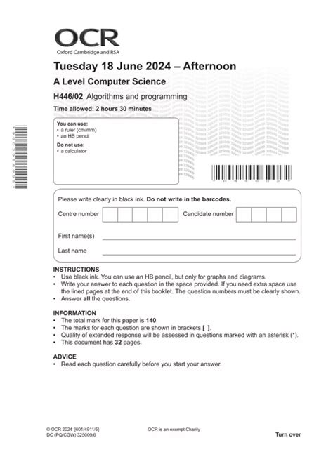 OCR A Level Computer Science Paper And JUNE QUESTION PAPERS AND MARK SCHEMES Stuvia US