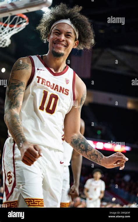 Los Angeles United States 03rd Feb 2024 Usc Trojans Forward Dj Rodman 10 Reacts During A