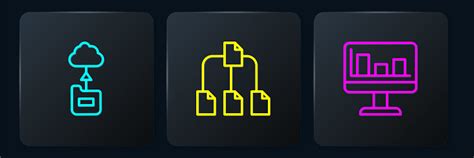 Set Line Cloud Technology Data Transfer Monitor With Graph Chart And Folder Tree Black Square