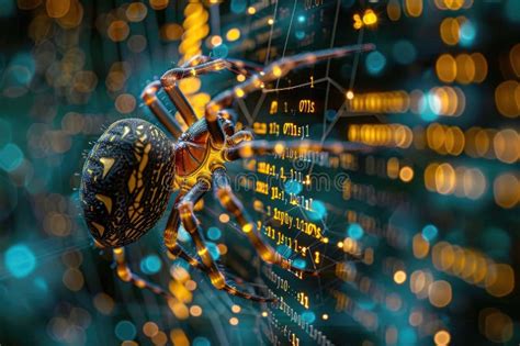 Cyber Spider Crawling Digital Code Network Security Concept Stock