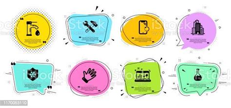 사운드 체크 마천루 건물 과 수돗물 아이콘 세트 화학 실험실 깨끗한 피부와 손 징후 벡터 Dj에 대한 스톡 벡터 아트 및 기타