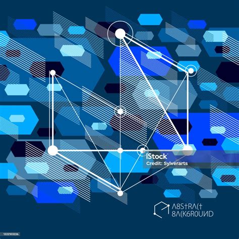 큐브 및 기타 요소가 있는 추상 기하학적 벡터 파란색 배경입니다 큐브 육각형 사각형 사각형 및 추상 요소의 구성 설계 프로젝트를 위한 완벽한 배경 공학에 대한 스톡 벡터