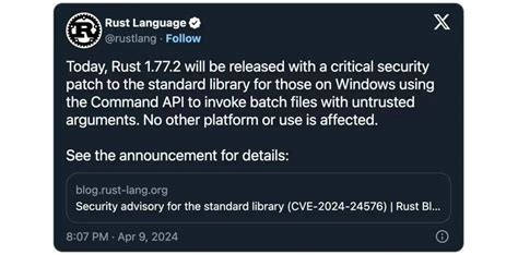 注意 声称最安全的编程语言rust存在严重漏洞，可导致 windows 命令注入攻击 参数 转义 标准