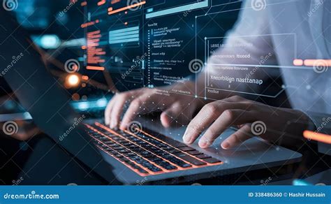 programmer working on laptop with code overlay stock illustration