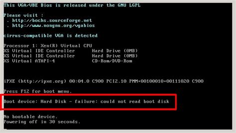 Xen Virtual Machine Is Stuck At Boot With Boot Device Hard Disk