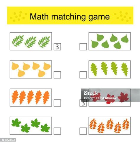 아이들을 위한 수학 짝짓기 게임 나뭇잎을 세고 동일하게 일치시킵니다 유치원 워크시트 활동 퍼즐에 대한 스톡 벡터 아트 및 기타 이미지 Istock