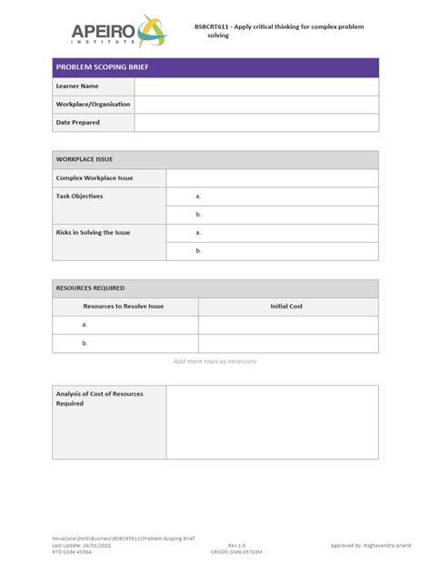 Bsbcrt611 Problem Scoping Brief Rev10 Pdf Cognition