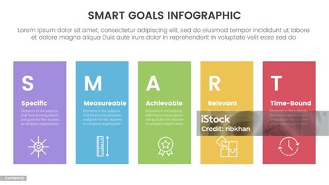 Smart 목표 설정 프레임워크 높이가 있는 인포그래픽 직사각형 모양 슬라이드 프레젠테이션을 위한 5단계 포인트가 있는 균형 가까이 옴에 대한 스톡 벡터 아트 및 기타
