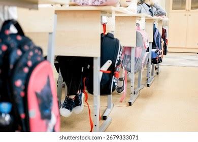 Traditional Empty Classroom With Wooden Desks And Chalkboards Ready