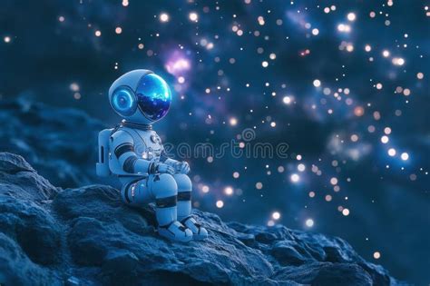 Robot Astronaut Exploring The Mysteries Of Outer Space Amidst Colorful Cosmic Lights Stock
