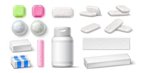 패드 츄잉 껌 현실적인 풍선껌 3d 제품 다른 포장 모형 흰색 패드 공과 스틱 멘톨과 과일 맛 신선한 호흡 치아 위생 벡터 격리 세트 프리미엄 벡터