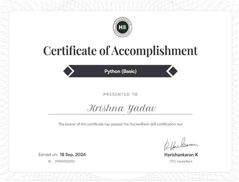 Earned Python Basic Certification From Hackerrank Krishna Yadav