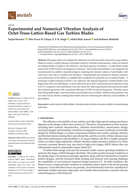 PDF Experimental And Numerical Vibration Analysis Of Octet Truss Lattice Based Gas Turbine Blades
