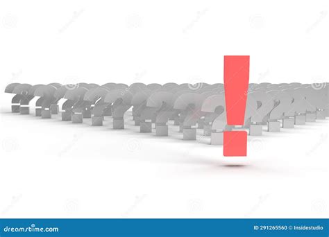 3d Render Of A Row Of Question Marks With A Red Exclamation Mark On A White Background Stock