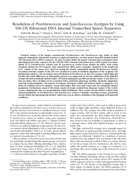 Pdf Resolution Of Prochlorococcus And Synechococcus Ecotypes By Using 16s 23s Ribosomal Dna