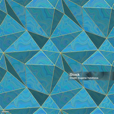 낮은 폴리 이음새가 없는 패턴 파란색과 청록색의 낮은 다각형 삼각형 디자인 액체 물결 모양의 소용돌이 질감 황금색 가장자리 0명에 대한 스톡 벡터 아트 및 기타 이미지