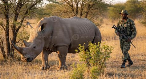 African Safari Ranger Walking Beside Rhinoceros In Savanna Landscape