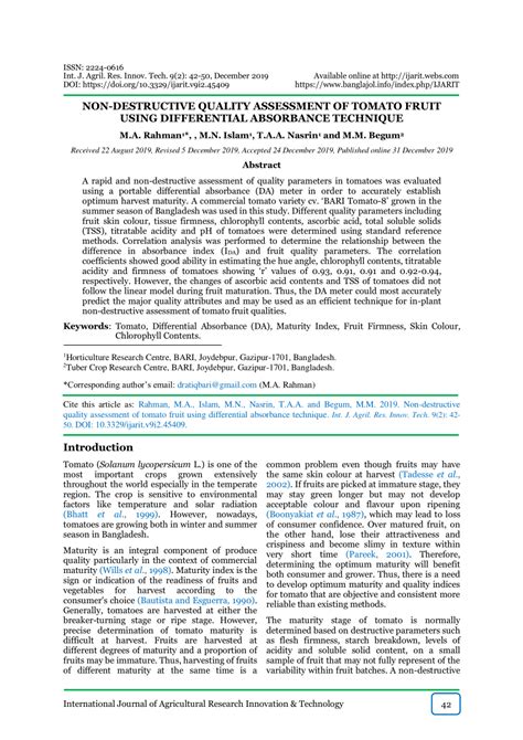 Pdf Non Destructive Quality Assessment Of Tomato Fruit Using