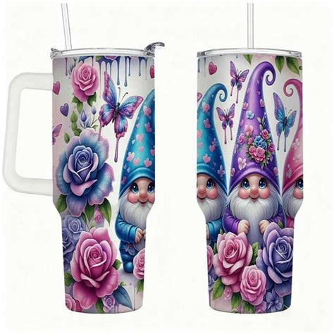 Insulated Tumbler With Handle Cute Gnome And Butterfly Floral Design