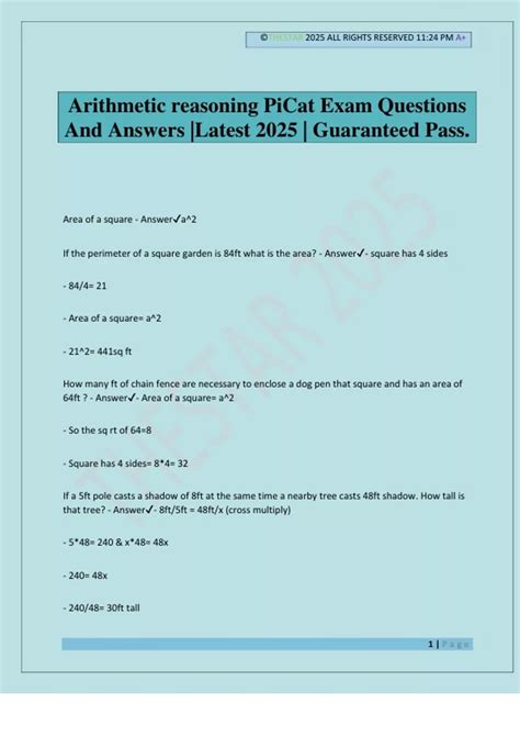 Arithmetic Reasoning Picat Exam Questions And Answers Latest 2025 Guaranteed Pass Picat