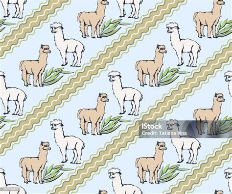 벡터 배경 손으로 그린 이국적인 야생 라마 알파카입니다 손으로 그린 잉크 일러스트 현대 장식 장식 배경입니다 벡터 패턴입니다 섬유 천 벽지 스크랩북 인쇄 가축에 대한 스톡