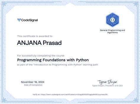 Course Certificate For Programming Foundations With Python Codesignal