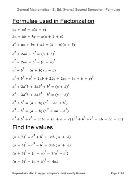 Mathematics Factorization Formulae Guide Pdf Subtraction Number