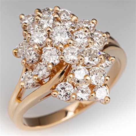 1980s 2 Carat Diamond Waterfall Cluster Ring 14k Yellow Gold