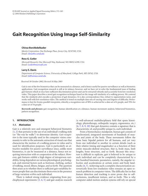 Pdf Gait Recognition Using Image Self Similarity