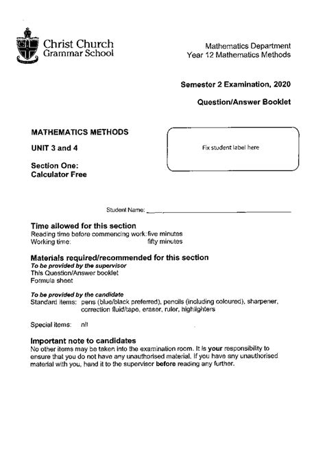 2020 Methods Yr12 Mock Exam Solutions Christ Church Mathematics
