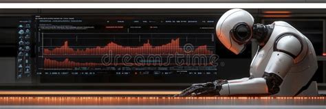 robot analyzing data on futuristic digital screen stock illustration