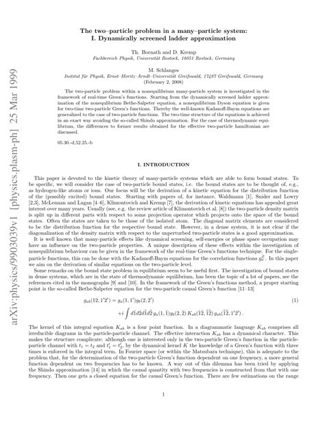 Pdf The Two Particle Problem In A Many Particle System I