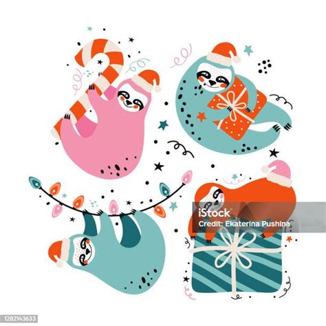 선물 과자 및 축제 요소와 산타 클로스 의상에 귀여운 게으른 나무늘보를 설정합니다 메리 크리스마스와 새해 맞이 인사말 카드 만화