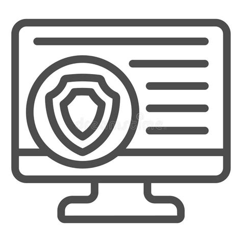 Monitor With Safety Emblem Line Icon Data Protection Concept Vector Graphics Stock