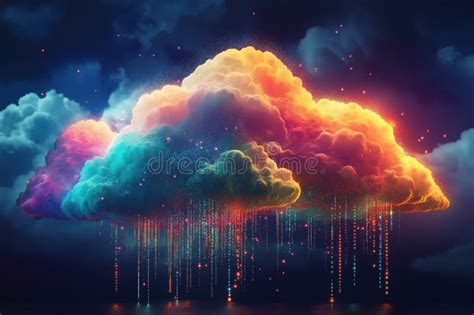 Colorful Cloud Computing Raining Data In The Night Sky Stock