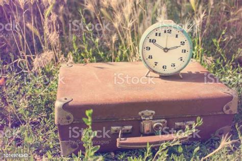 녹색 잔디의 배경에 오래 된 클래식 브라운 가죽 가방에 빈티지 알람 시계 레트로 토닝입니다 여행 컨셉 여행 가방에 대한 스톡 사진 및 기타 이미지 Istock